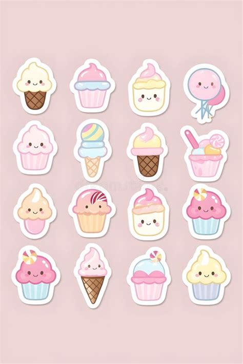 Cute And Sweet Themed Cartoon Dessert Stickers Adorable Characters In Vibrant Pastels Stock