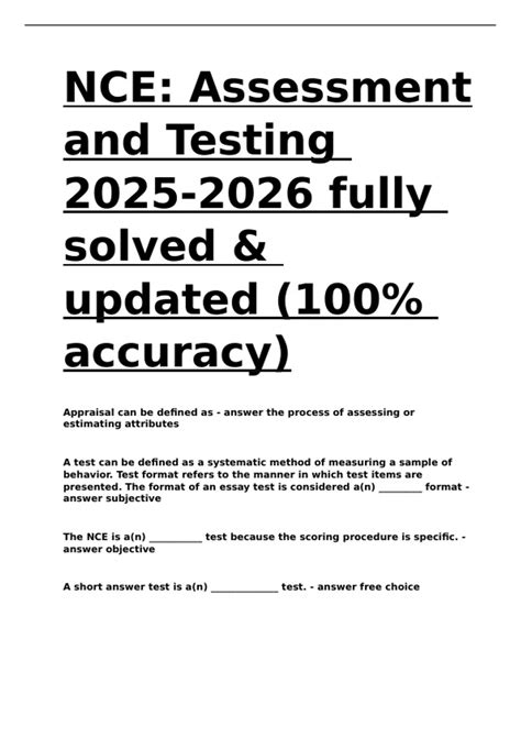Nce Assessment And Testing Fully Solved And Updated 100 Accuracy Nce And Cpce Stuvia Us