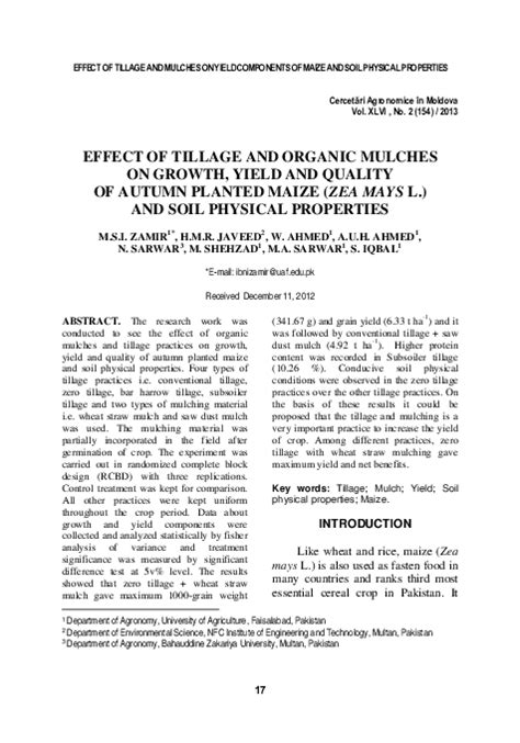 Pdf Effect Of Tillage And Organic Mulches On Growth Yield And Quality Of Autumn Planted Maize