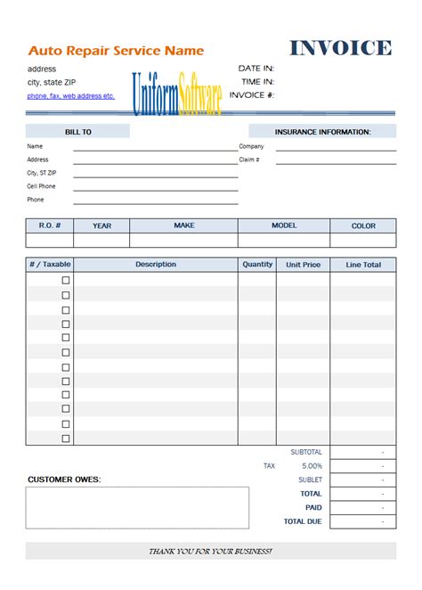 Auto Repair Shop Invoice Template Vehicle Repair Invoice Template For