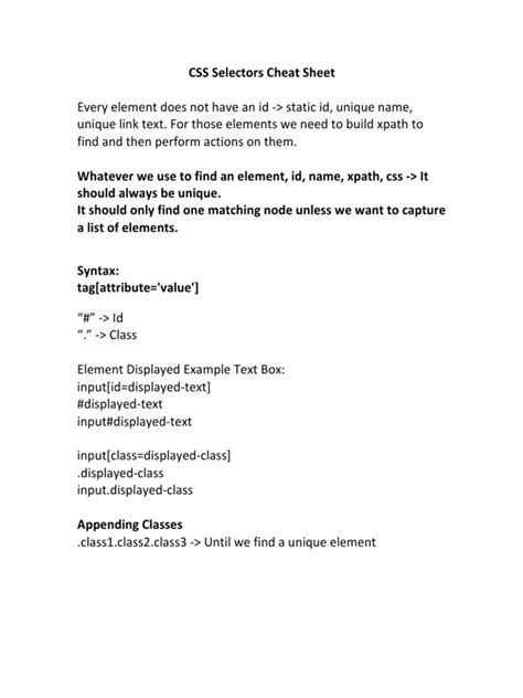 Css Selectors Cheat Sheet Pdf