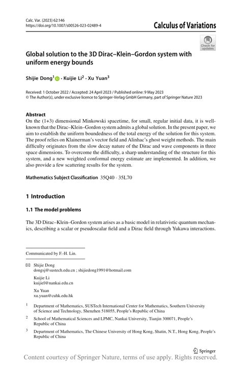 Global Solution To The 3d Dirackleingordon System With Uniform Energy Bounds