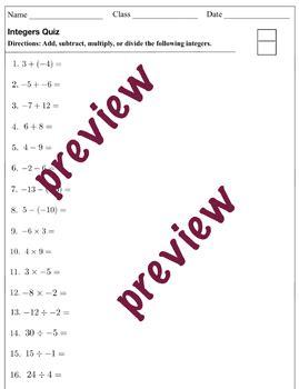 Integers Quiz Adding Subtracting Multiplying Dividing TPT