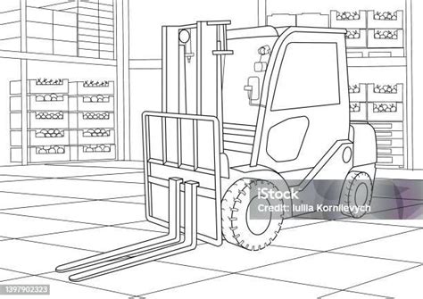 성인과 어린이를위한 안티 스트레스 색칠 공부 책 대형 식료품 점의 창고에있는 지게차 지게차에 대한 스톡 벡터 아트 및 기타 이미지 지게차 색칠하기 트럭 Istock