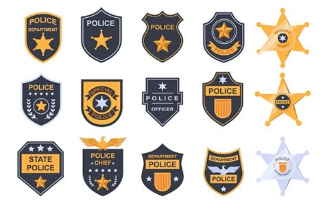 경찰 라벨이 정해졌습니다 패치 휘장 및 보안관 경찰관 또는 경찰관의 금색 배지가 있는 스티커 인쇄를 위한 디자인 요소 플랫 벡터 일러스트 컬렉션 배지에 대한 스톡 벡터 아트