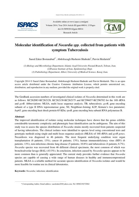 PDF Molecular Identification Of Nocardia Spp Collected From Patients With Symptom Tuberculosis
