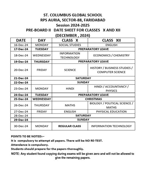 Date Sheet Pre Board 2 Classes X And Xii Pdf
