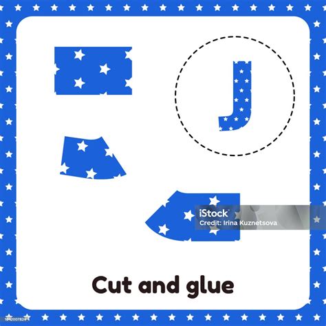 벡터 일러스트입니다 유치원과 학교 나이의 아이 들을 위한 게임 잘라 고 접착제 제이 파란색 배경 흰색 별 영어 알파벳의 편지 가위에 대한 스톡 벡터 아트 및 기타 이미지