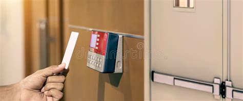 Proximity Card Reader Door Unlock Hand Security Man Using Id Card On Fingerprint Scanning
