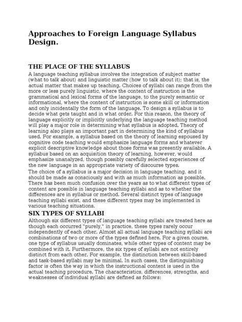 Approaches To Foreign Language Syllabus Design The Place Of The Syllabus Pdf Language