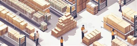 Isometric View Of A Modern Warehouse Filled With Grocery Boxes And Workers Packing Orders For