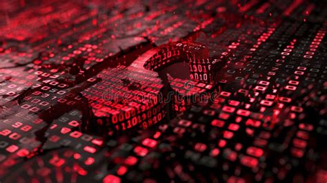 Red Broken Padlock Icon Over Screen Of Binary Code Symbolizing Data