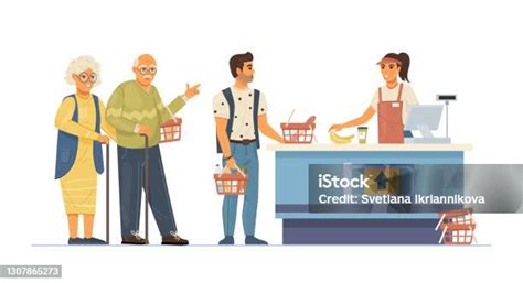 대기열 슈퍼마켓에서 기다리는 그룹 사람들 음식점 노인 부부와 남자는 계산원에 큐에 계산대 고객 서비스 만화에서 상품을 펀치 계산원 가족에 대한 스톡 벡터 아트 및 기타
