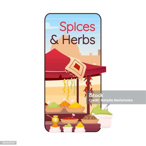 이국적인 향신료와 허브 만화 스마트 폰 벡터 응용 프로그램 화면 인도 바자 공정 플랫 문자 모형과 휴대 전화 디스플레이 동부 시장 수크 구색 응용 프로그램 전화 인터페이스