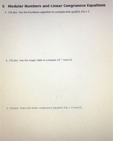 Solved 5 Modular Numbers And Linear Congruence Equations 1