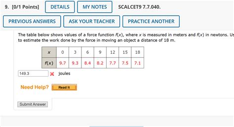 solved the table below shows values of a force function