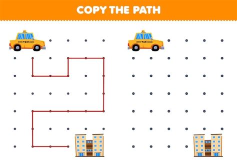 어린이를 위한 교육 게임 경로 복사 도움말 택시가 호텔 건물로 이동하는 인쇄 가능한 교통 워크시트 프리미엄 벡터