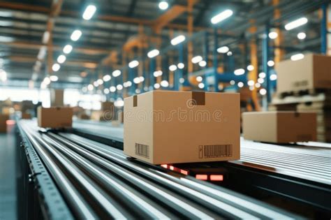 Automated Conveyor Moves Boxes In Bright Warehouse Stock Image Image Of Distribution Movement