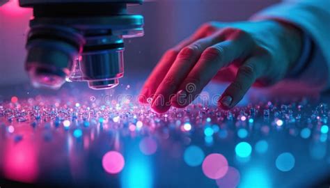 Scientist Hands Manipulate Advanced Nanomaterials Under Microscope Close Up View Of Research In