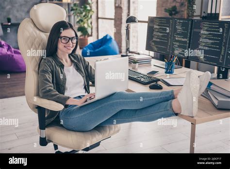 Full Size Profile Side Photo Of Young Pretty Girl Use Laptop Jawa