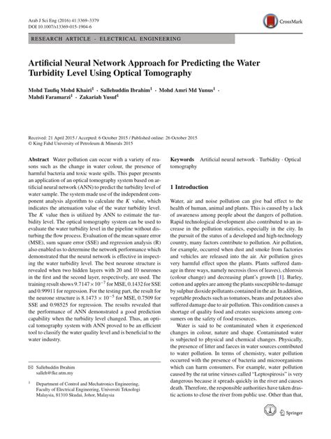 Pdf Artificial Neural Network Approach For Predicting The Water Turbidity Level Using Optical