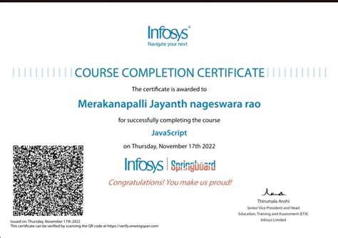 Jayanth Jnr On Linkedin I Had Successfully Completed The “javascript” Course On The Infosys