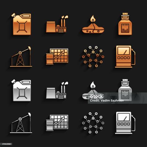 유가 인상 휘발유 시험관 휘발유 또는 주유소 분자 오일 펌프 펌프 잭 알코올 정신 버너 휘발유 및 산업 공장 건물 아이콘 용 캐니스터를 설정합니다 벡터 0명에 대한 스톡