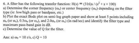Solved A Filter Has The Following Transfer Function H S Chegg
