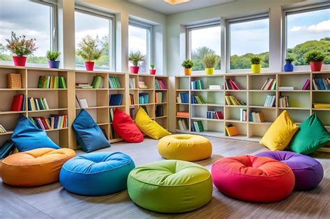 A Cozy Reading Corner In A Classroom With Colorful Bean Bags And