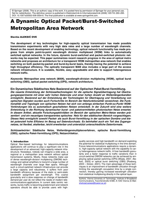 Pdf Dynamic Optical Packet Burst Switched Metropolitan Area Network