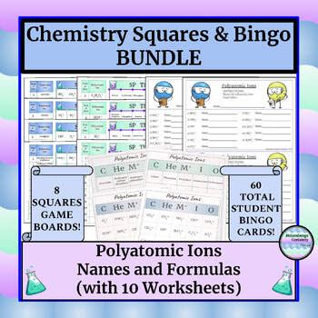 Chemistry Game Squares Bingo Polyatomic Ions Names Formulas Worksheets