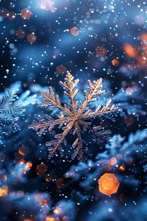 Snowflakes Gently Falling Against The Backdrop Of A Night Sky Stock