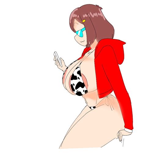 Rule 34 Big Breasts Blue Glasses Brown Hair Cow Bikini Hakkim Animation Leaning Back Misha