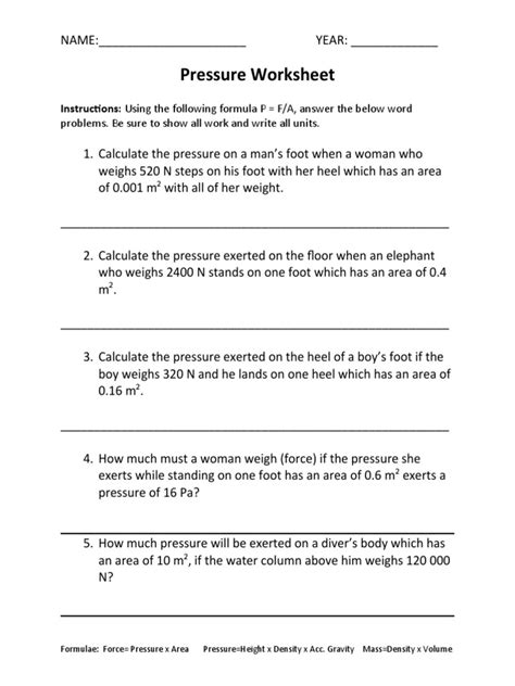 Pressure Worksheet Pdf Pressure Weight Worksheets Library