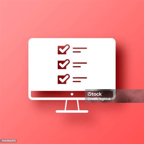 검사 목록이 있는 데스크톱 컴퓨터 그림자가 있는 빨간색 배경의 아이콘 책상에 대한 스톡 벡터 아트 및 기타 이미지 책상 확인표시 데스크탑 컴퓨터 Istock