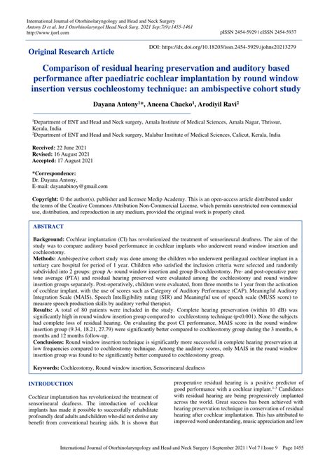 Pdf Comparison Of Residual Hearing Preservation And Auditory Based