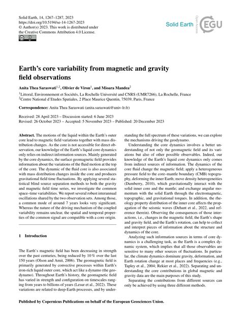 Pdf Earths Core Variability From Magnetic And Gravity Field Observations