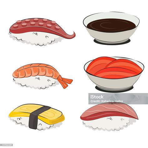 일본 요리 아시아 음식 세트 레스토랑 메뉴 및 포스터 배달 사이트 벡터 평면 그림이 흰색 배경에 격리되어 있습니다 스시 롤 오니기리 간장 세트 스톡 사진 0명에 대한 스톡