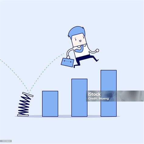 사업가점프 스프링은 성장하는 바 차트를 가로질러 솟아오르게 됩니다 비즈니스 개념에 대한 성장 만화 캐릭터 얇은 선 스타일 벡터