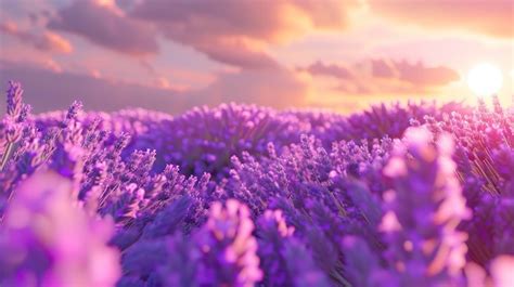 Lavender Field At Sunset With Hues Of Purple And Pink Coloring The Sky