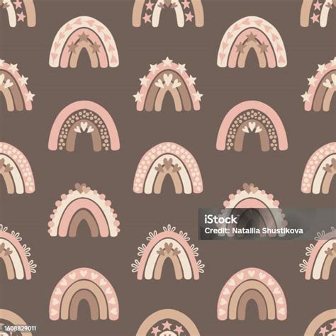 순진한 어린이 스타일의 보헤미안 무지개 패턴 따뜻한 파스텔 색상의 무지개와 매끄러운 패턴 직물 직물 디자인 벽지 포장지 및 기타 인쇄를 위한 그림 0명에 대한 스톡 벡터
