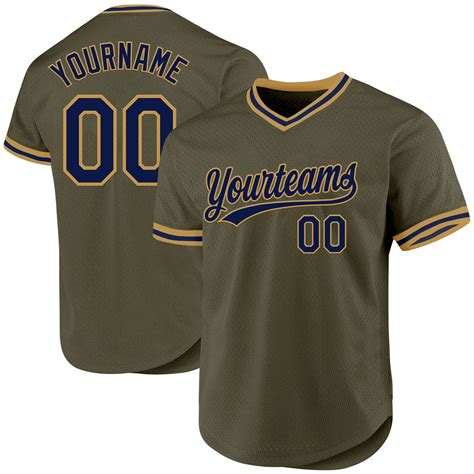 Custom Olive Baseball Jersey Navy Old Gold Authentic Throwback Salute