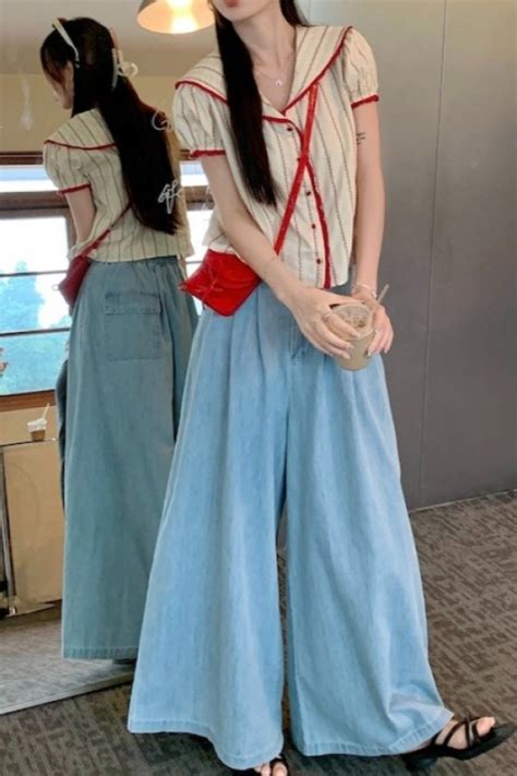 핑크프릴 Set 스트라이프 세일러문 카라 브이넥 반팔 셔츠 라이트 블루 와이드 청바지 투피스세트