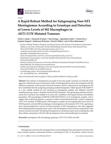 Pdf A Rapid Robust Method For Subgrouping Non Nf2 Meningiomas According To Genotype And