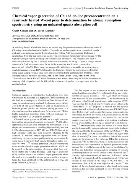 Pdf Chemical Vapor Generation Of Cd And On Line Preconcentration On A Resistively Heated W