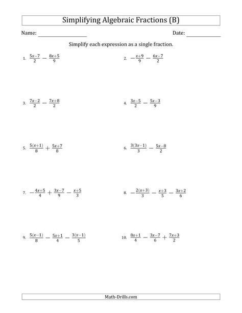 The Simplifying Simple Algebraic Fractions Harder B Math Worksheet From The Algebra