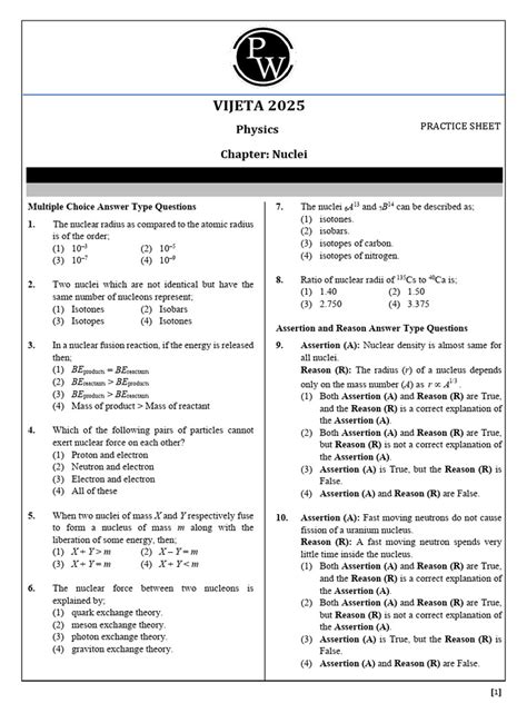 Nuclei Practice Sheet Vijeta 2025 Pdf Atomic Nucleus Isotope