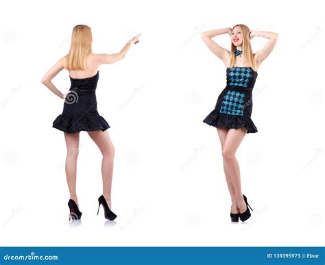 The Blonde Girl Presses Virtual Button Isolated On White Stock Image