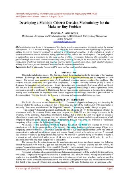 Developing A Multiple Criteria Decision Methodology For The Make Or Buy