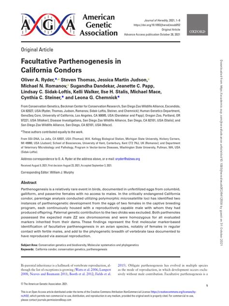 Facultative Parthenogenesis In California Condors Pdf Reproduction Zygosity